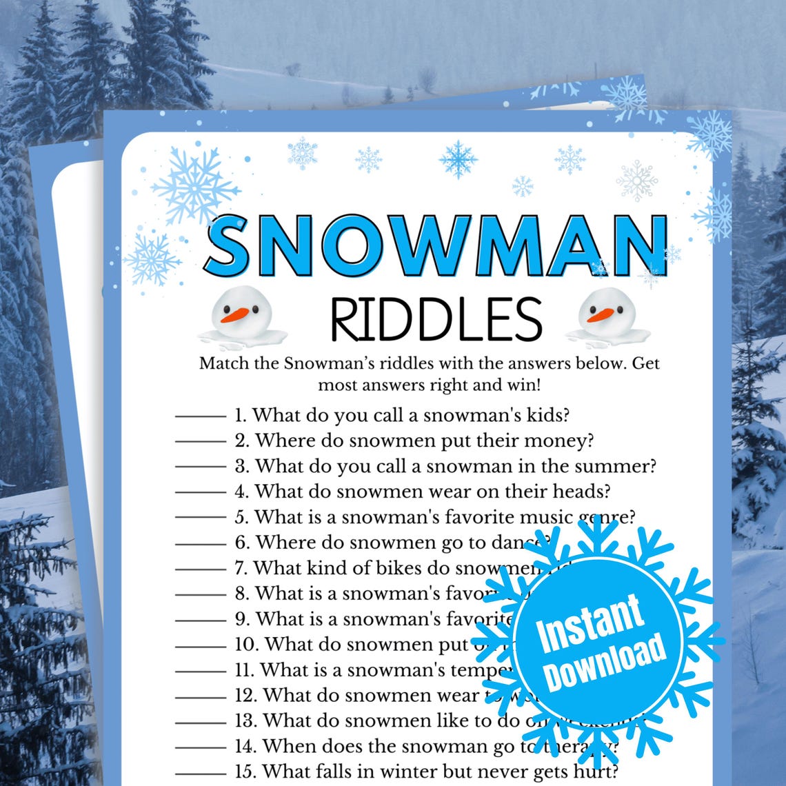Snowman Riddles, Fun Winter Games for Family, Printable Winter Party ...