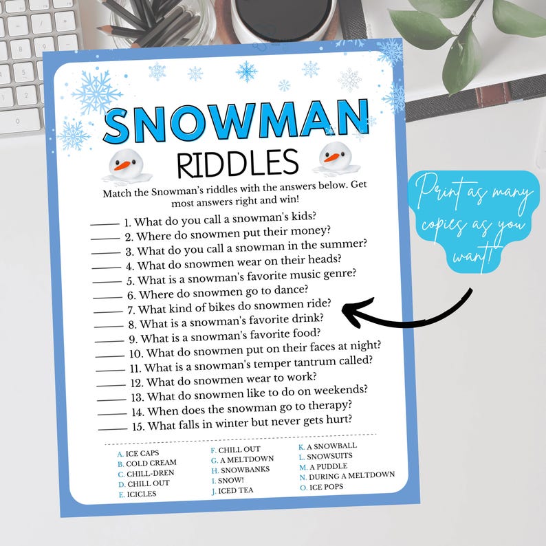Snowman Riddles, Fun Winter Games for Family, Printable Winter Party ...