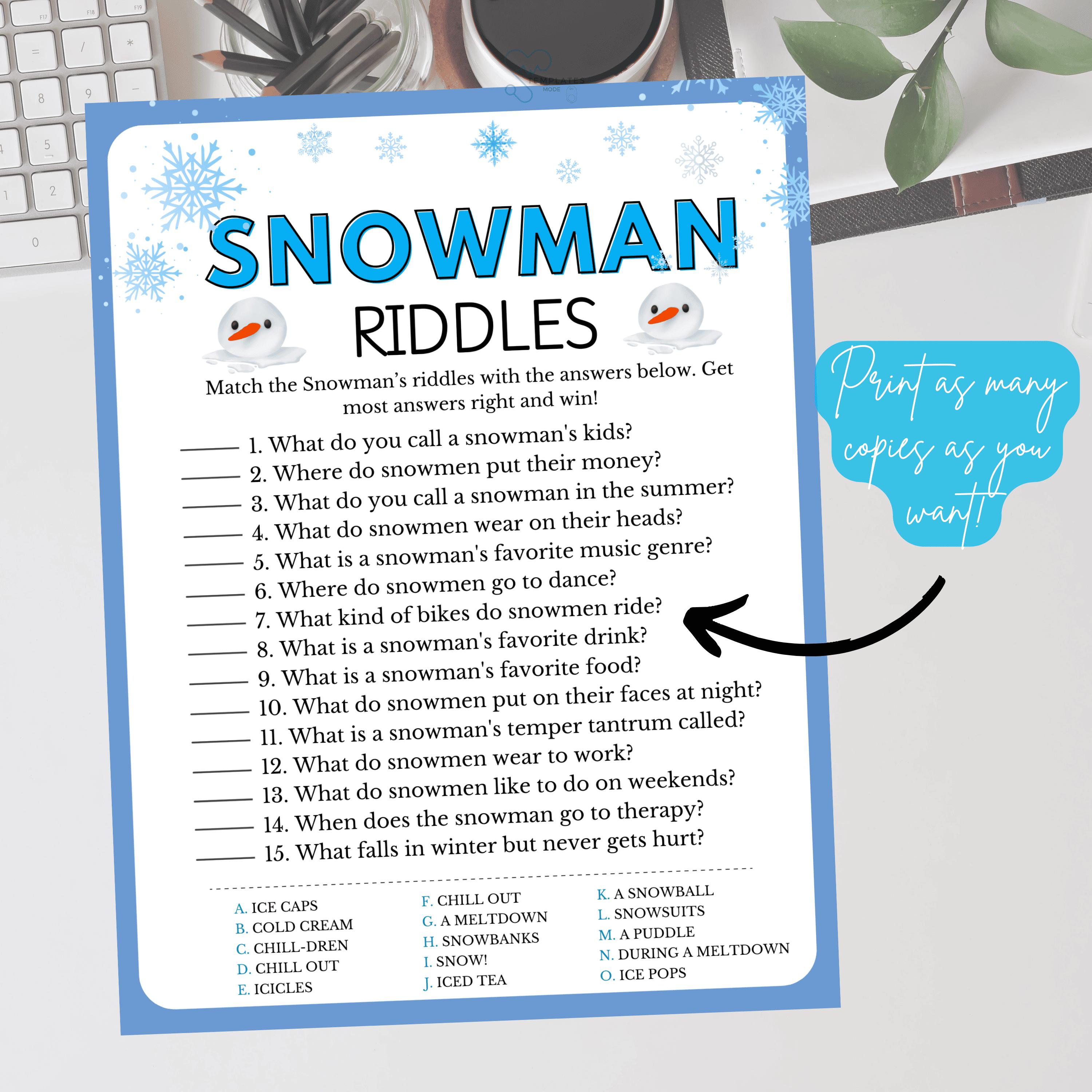 Snowman Riddles, Fun Winter Games for Family, Printable Winter Party ...