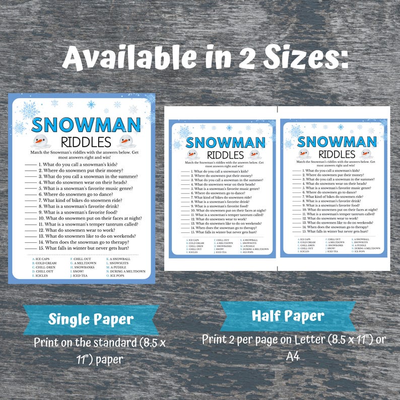 Snowman Riddles, Fun Winter Games for Family, Printable Winter Party ...