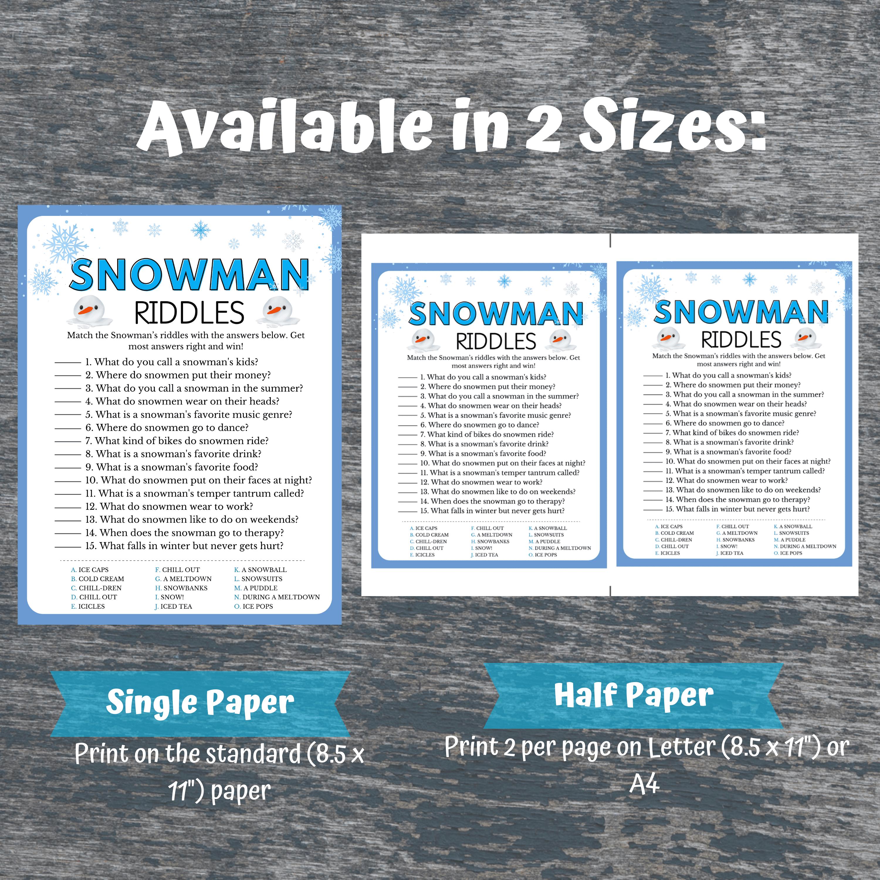 Snowman Riddles, Fun Winter Games for Family, Printable Winter Party ...