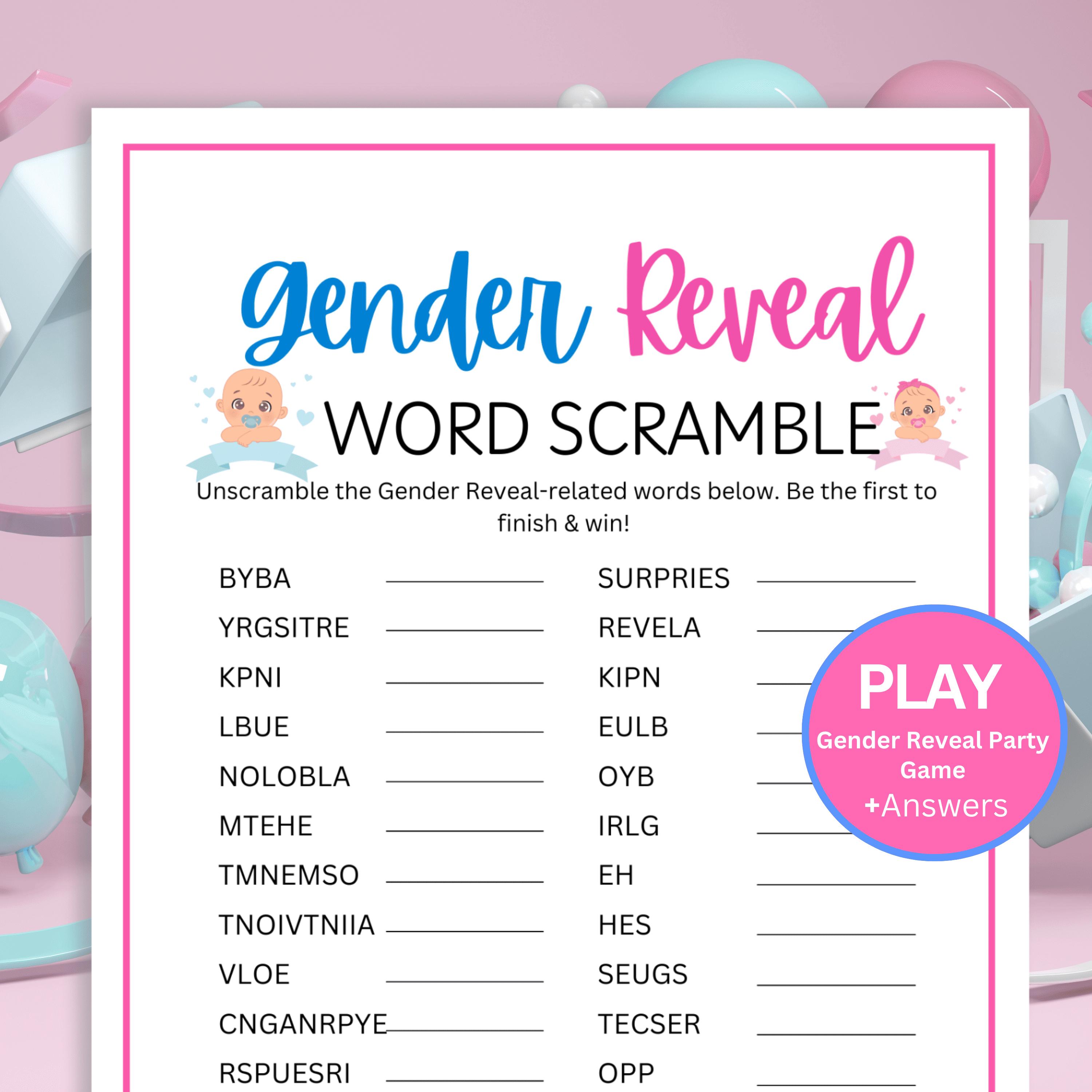 Gender Reveal Word Scramble, Gender Reveal Games, Pink or Blue Gender ...