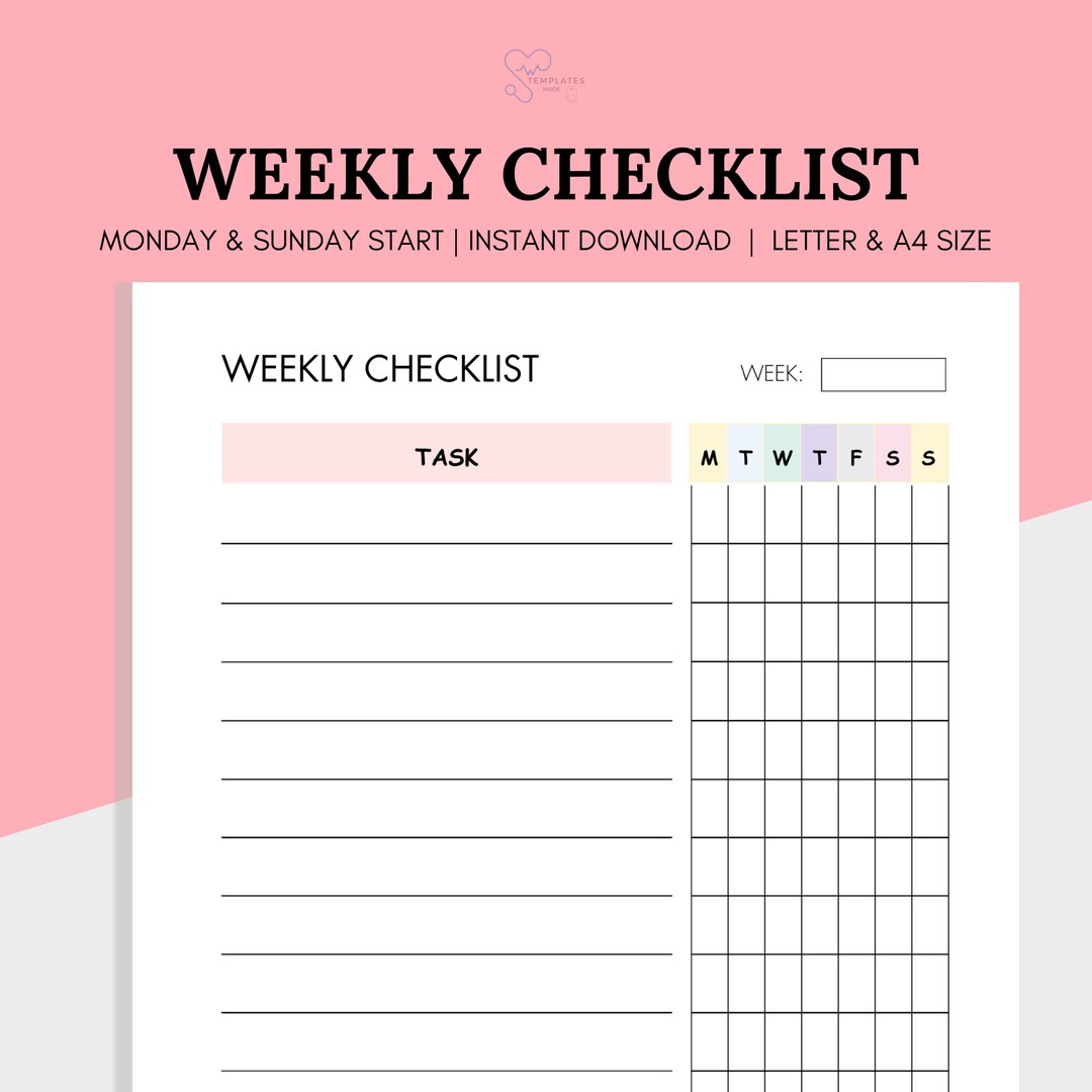 Weekly Checklist Printable 7 Days to Do List, Daily Planner, Printable ...