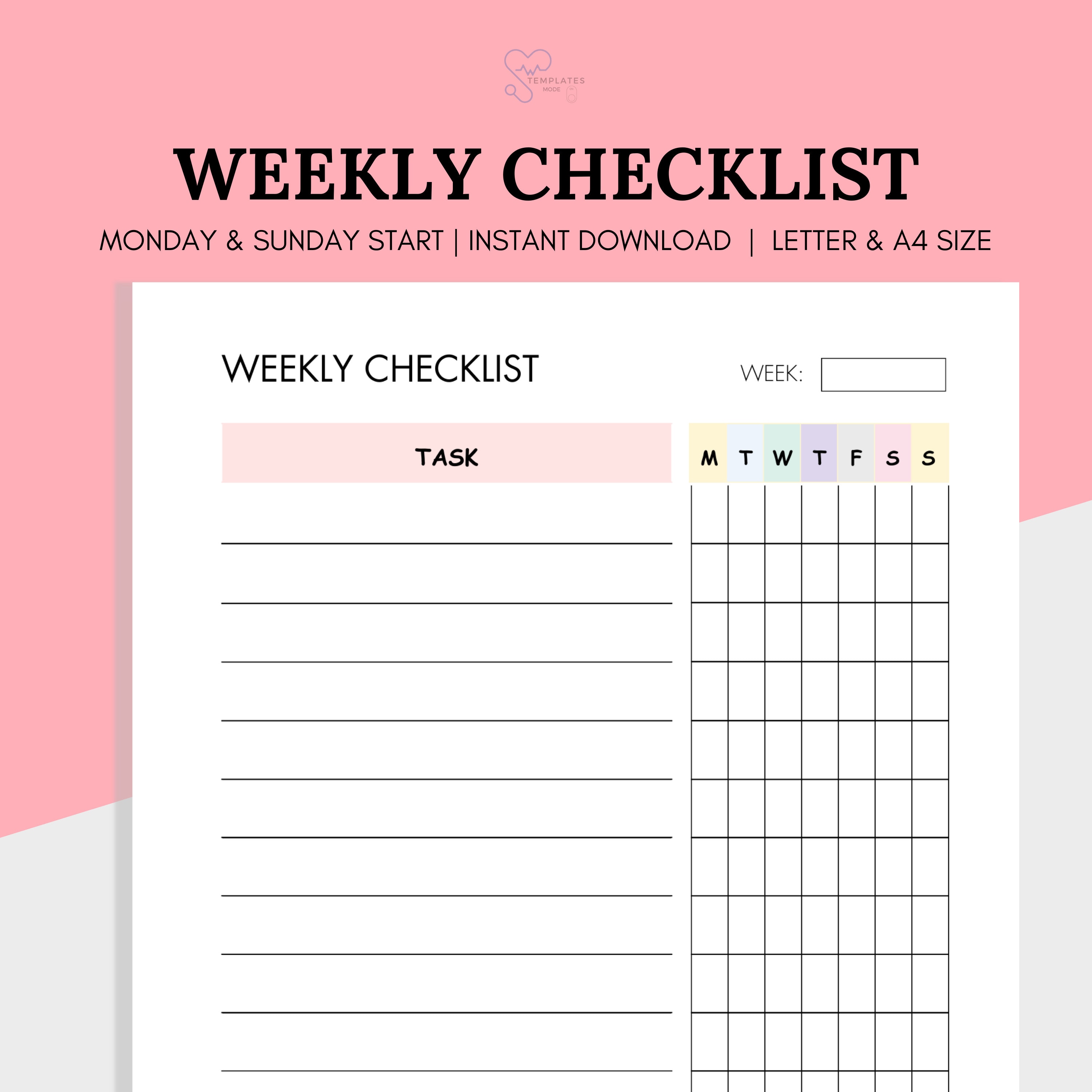 Weekly Checklist Printable 7 Days to Do List, Daily Planner, Printable ...