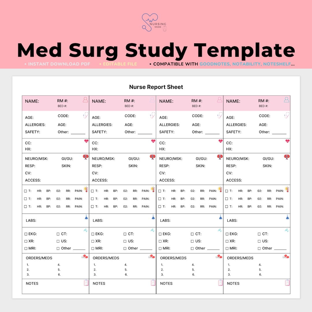 Editable ER Nurse Report Sheet, ER Nurse Brain, 4 Patients Med Surg ...