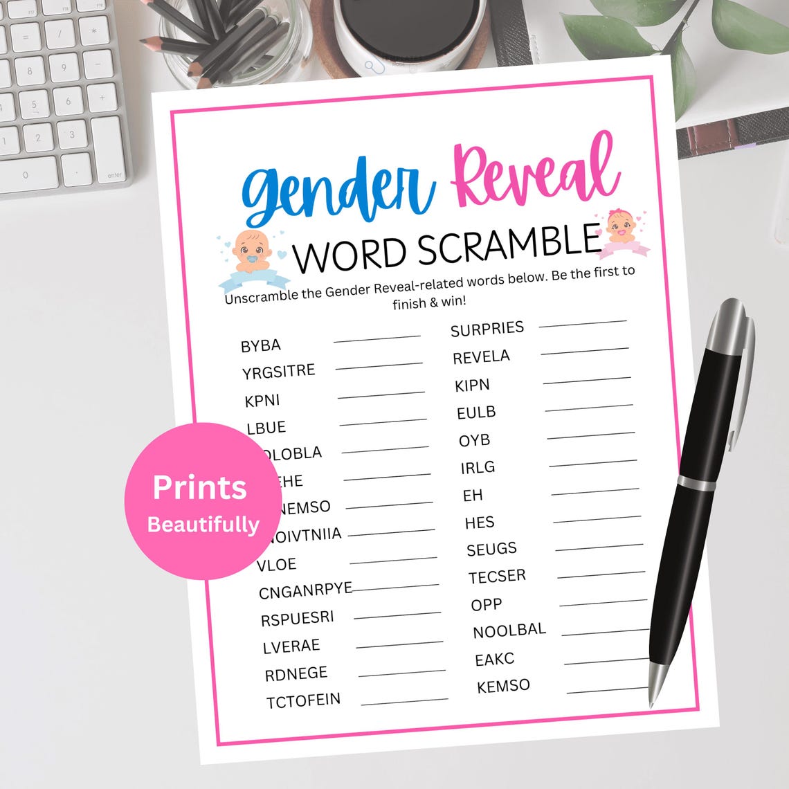 Gender Reveal Word Scramble, Gender Reveal Games, Pink or Blue Gender ...