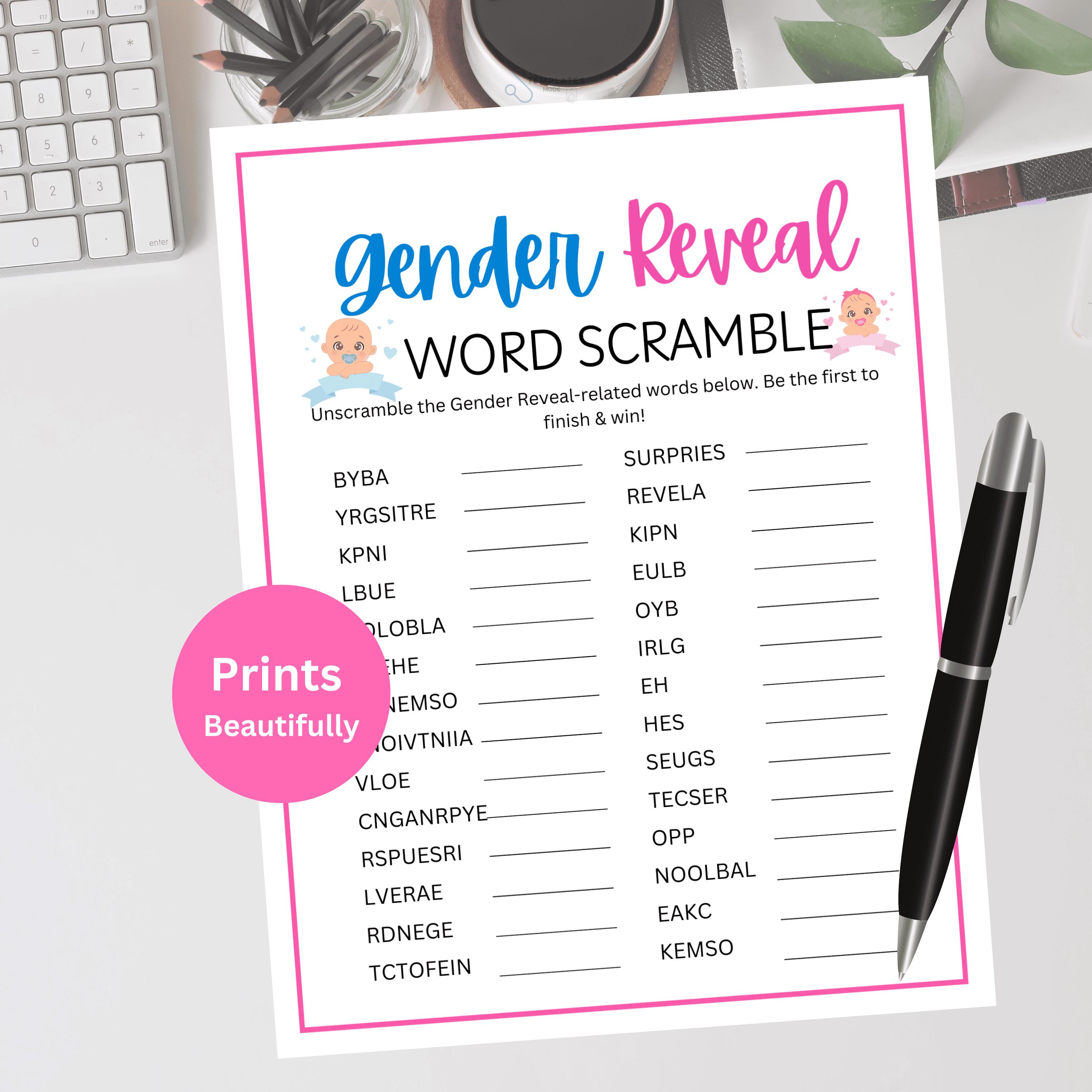 Gender Reveal Word Scramble, Gender Reveal Games, Pink or Blue Gender ...