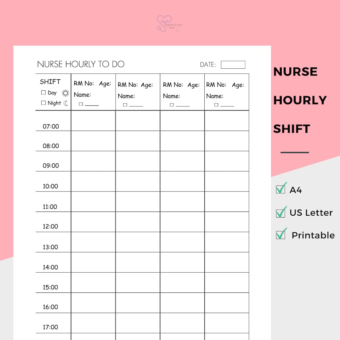 Nurse Hourly to Do List, Printable 4 Patient Nurse Report Sheet, Day Shift Night Shift Nursing ...