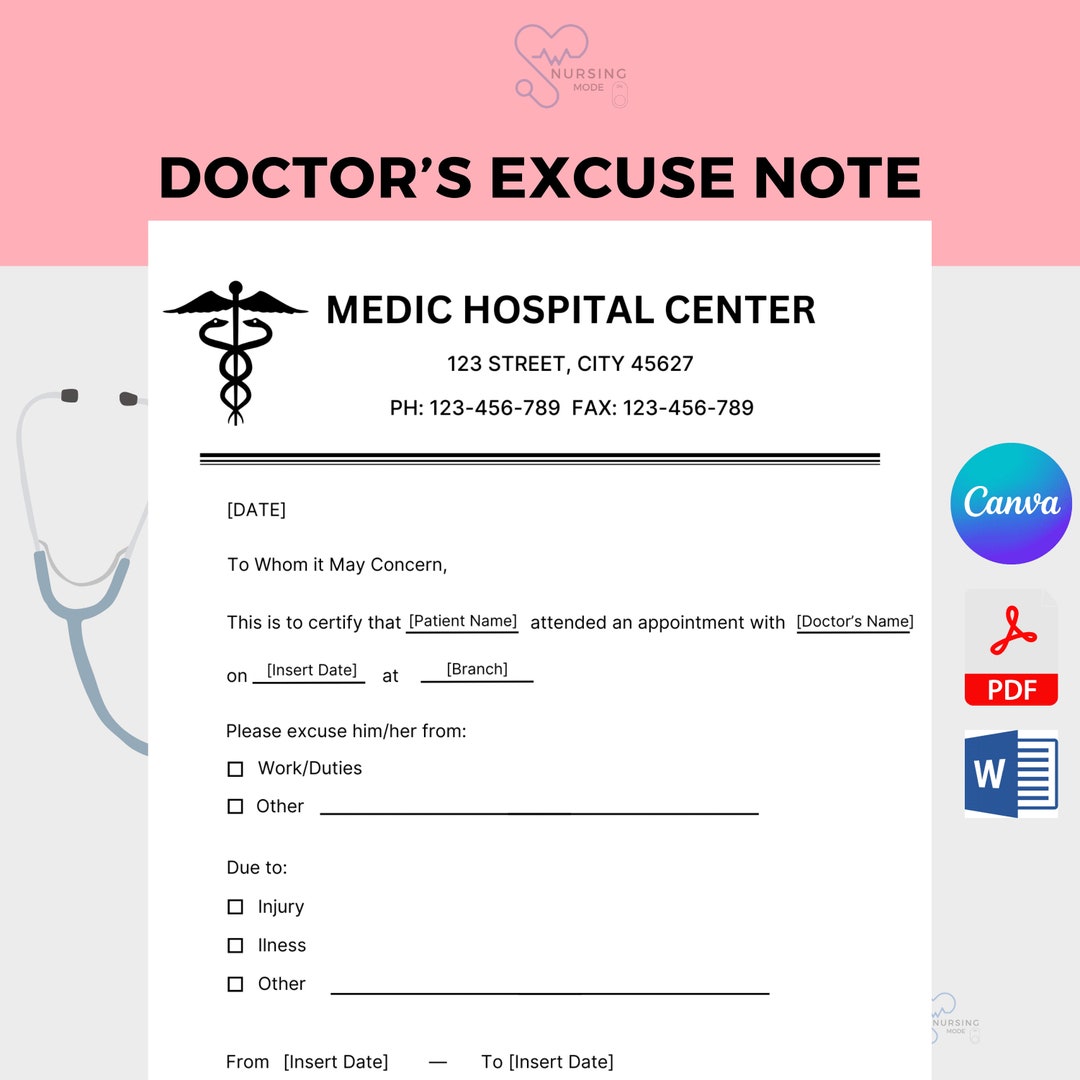 Doctors Excuse Note Template PDF Canva MS Word, Editable Doctor's Note ...