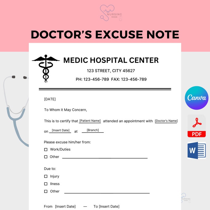Doctors Excuse Note Template PDF Canva MS Word, Editable Doctor's Note, Instant Download - Etsy