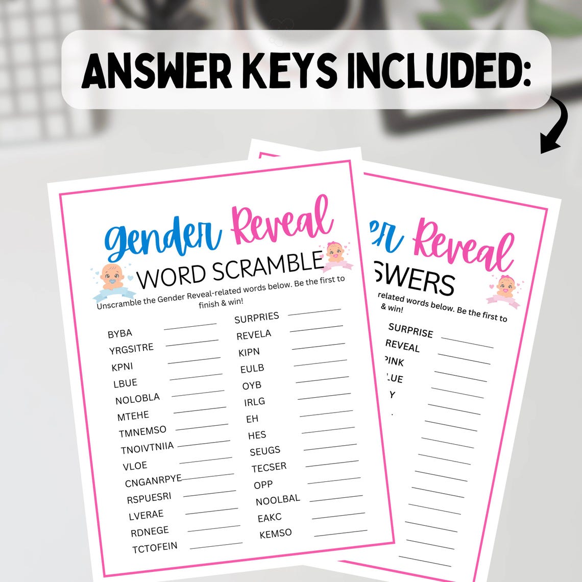 Gender Reveal Word Scramble, Gender Reveal Games, Pink or Blue Gender ...