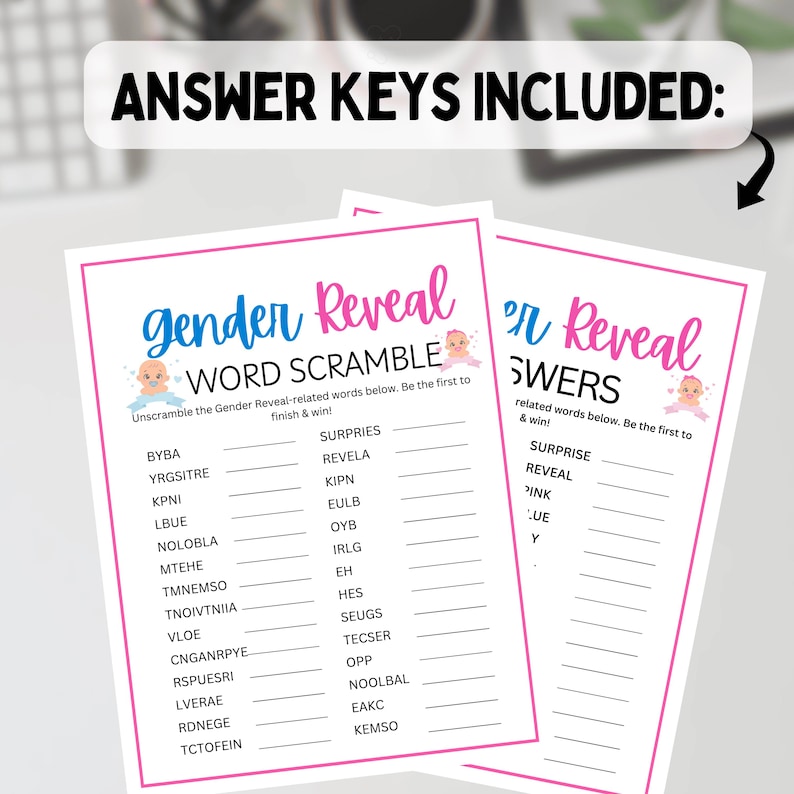 Gender Reveal Word Scramble, Gender Reveal Games, Pink or Blue Gender ...