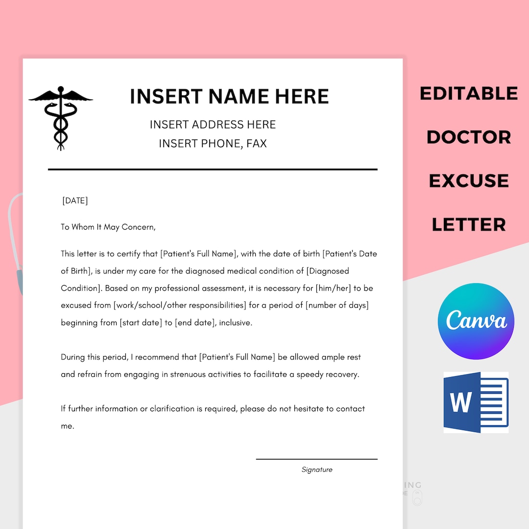 Doctor's Excuse Note, Medical Sick Leave Letter, School or Work Absence ...
