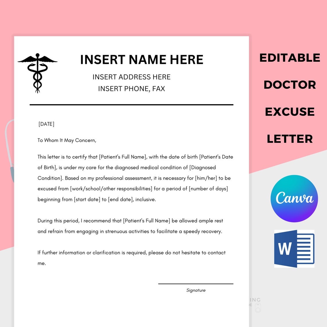 Doctor's Excuse Note, Medical Sick Leave Letter, School or Work Absence ...