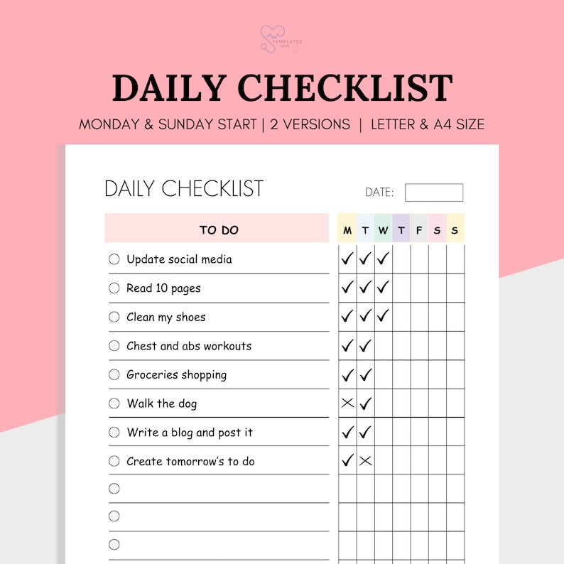 Daily Checklist, Printable Weekly Planner, Weekly to Do List, Weekly ...