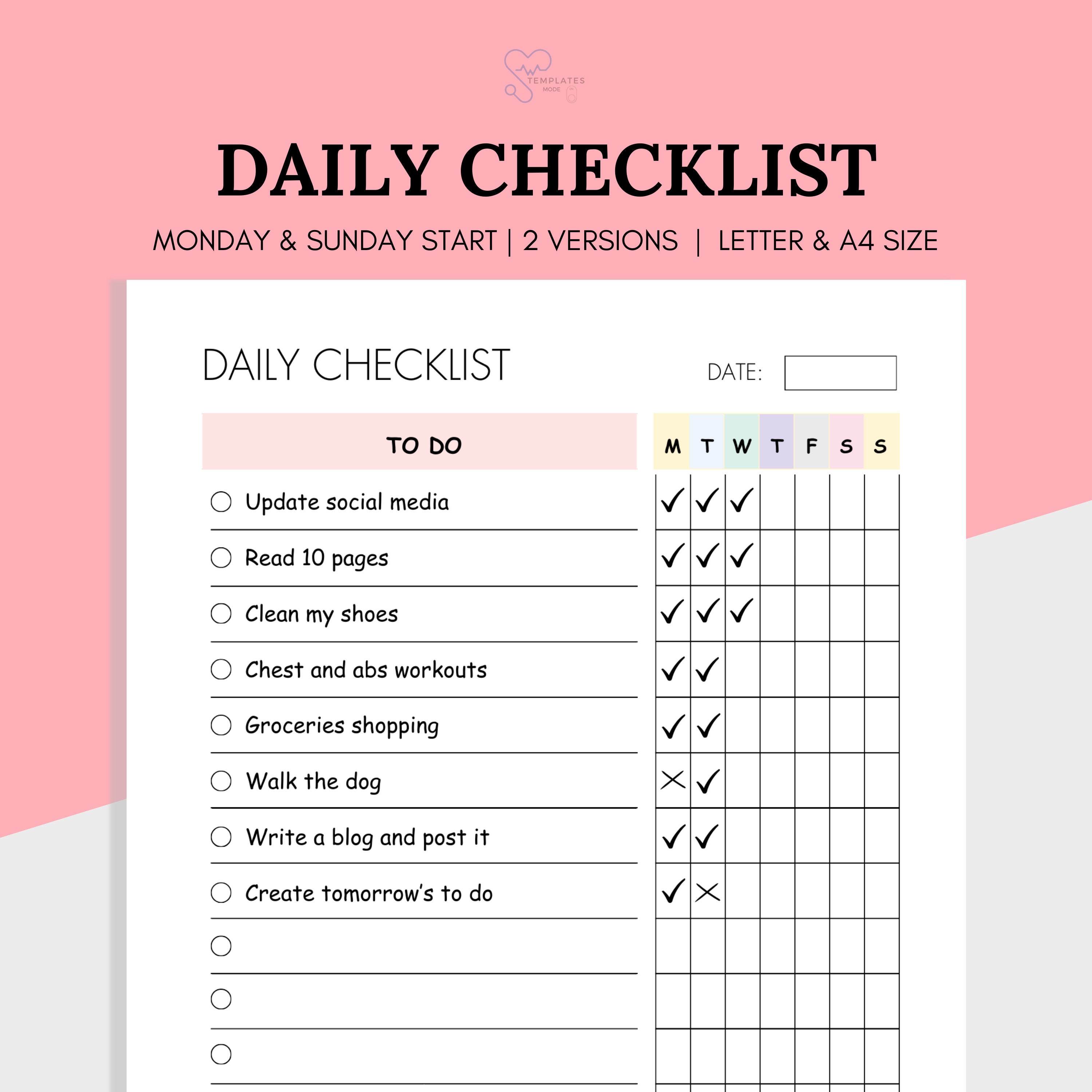 Daily Checklist, Printable Weekly Planner, Weekly to Do List, Weekly ...