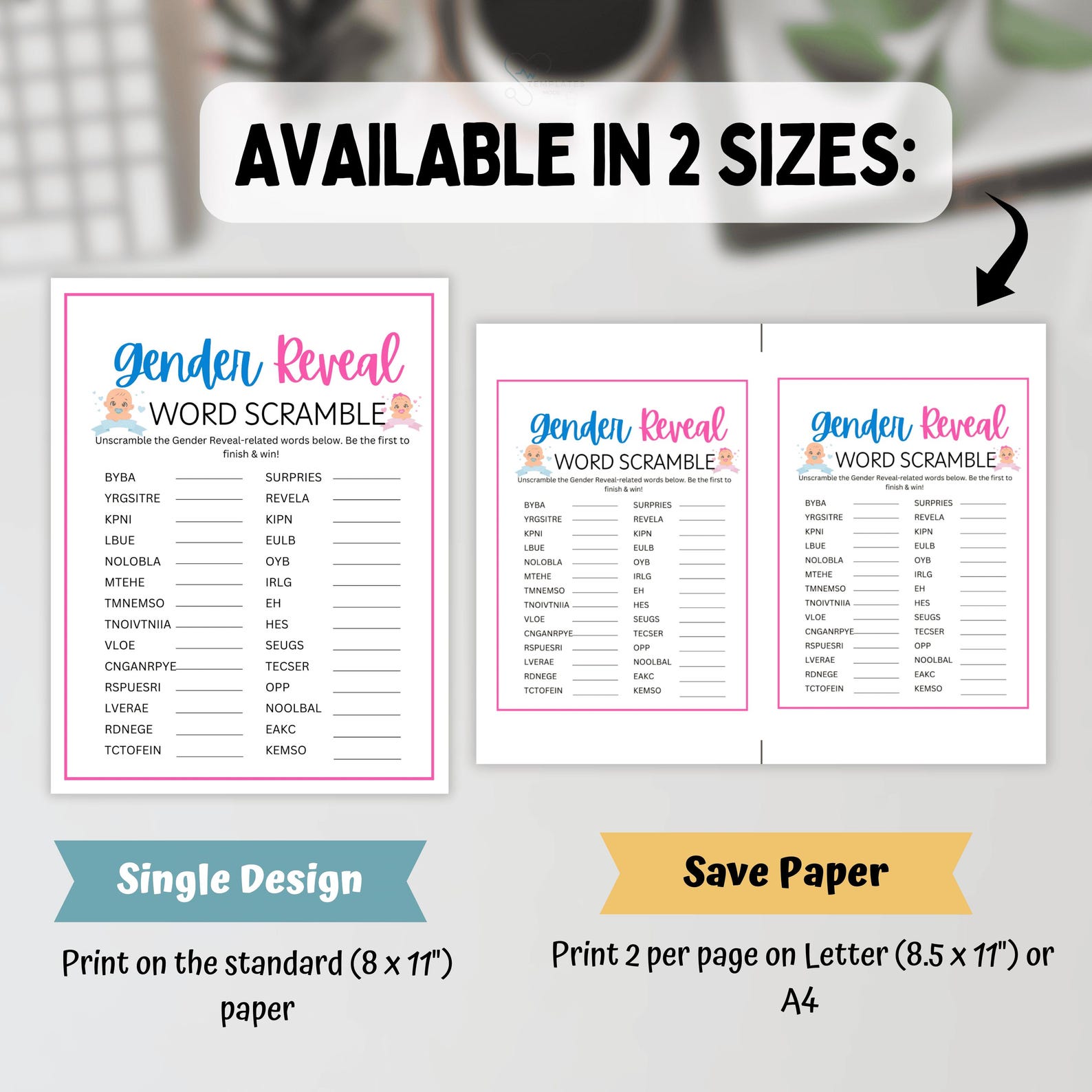 Gender Reveal Word Scramble, Gender Reveal Games, Pink or Blue Gender ...