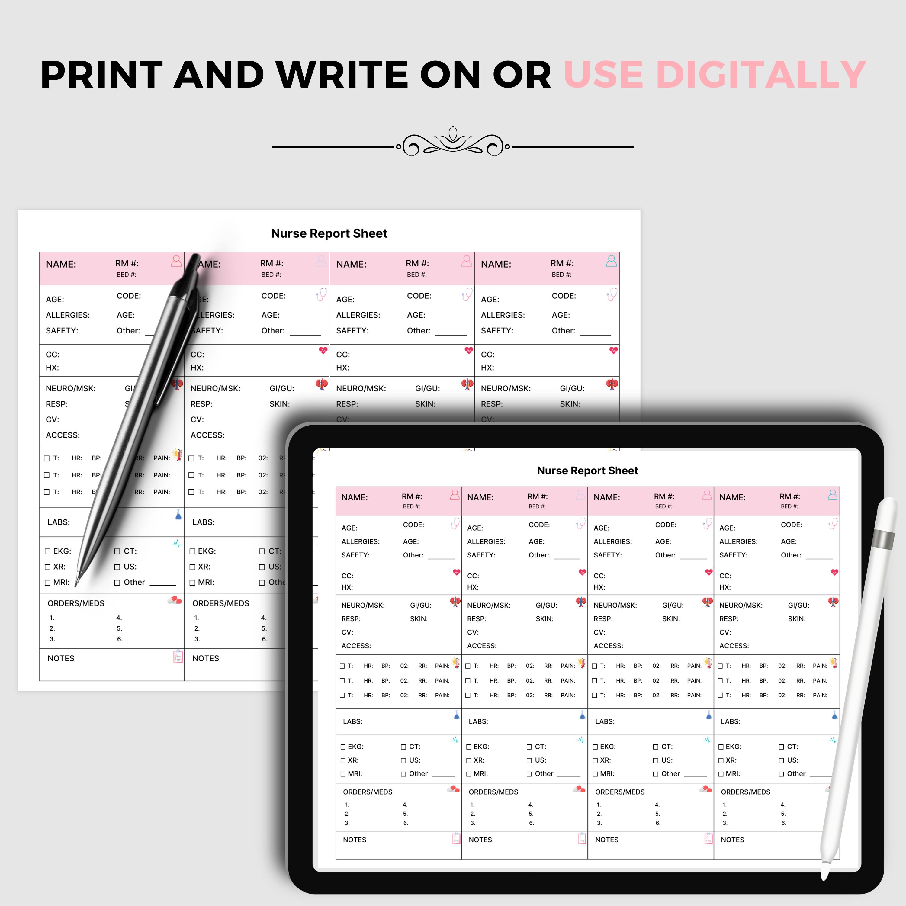 Editable ER Nurse Report Sheet, ER Nurse Brain, 4 Patients Med Surg ...