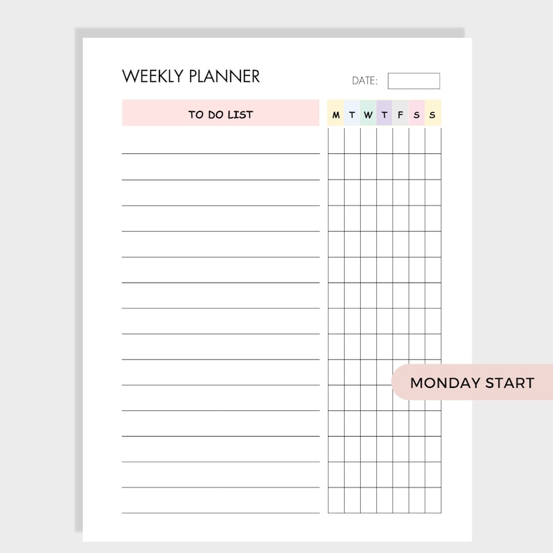 Weekly to Do List, Printable Weekly Checklist, 7 Day to Do List, 7 Day ...