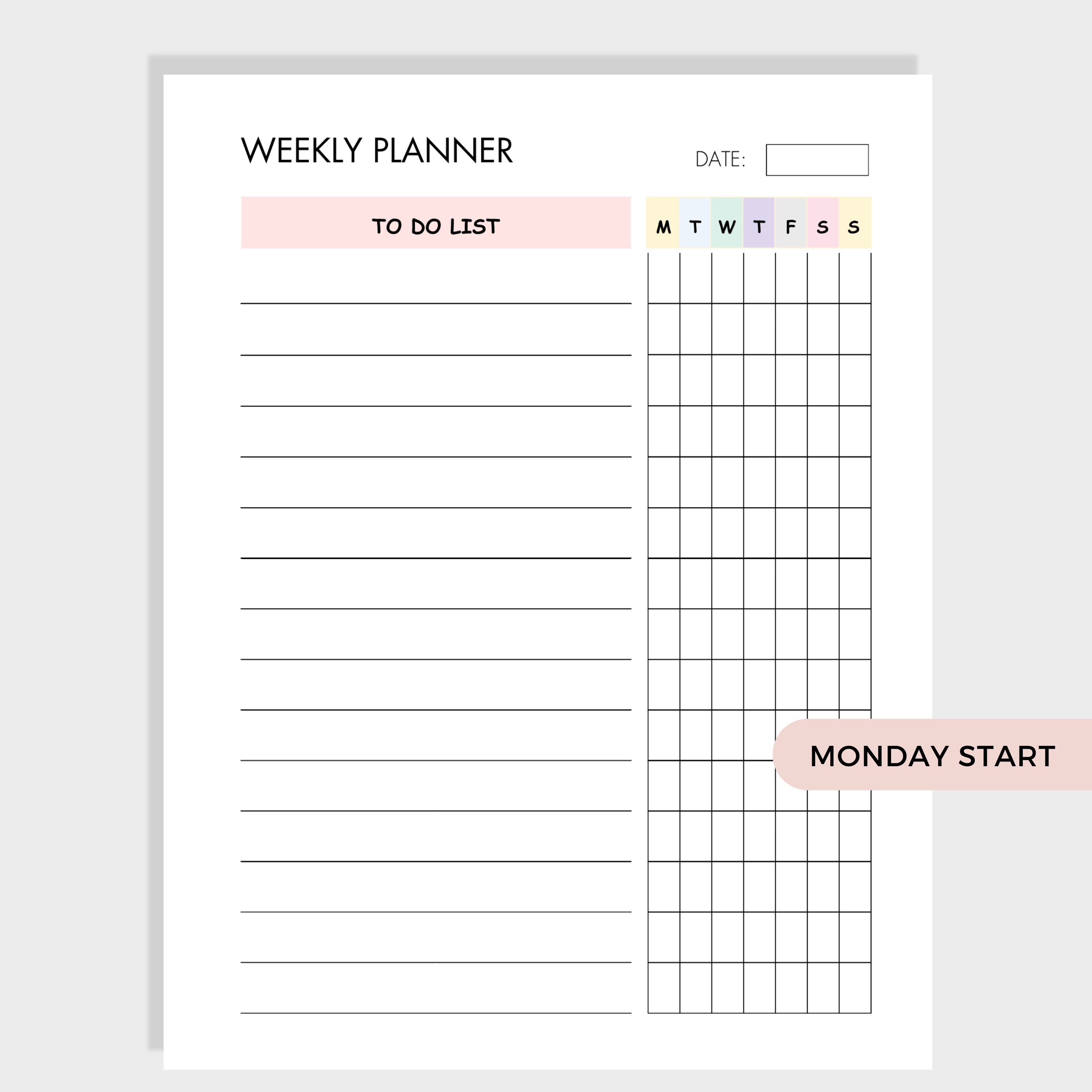 Weekly to Do List, Printable Weekly Checklist, 7 Day to Do List, 7 Day ...