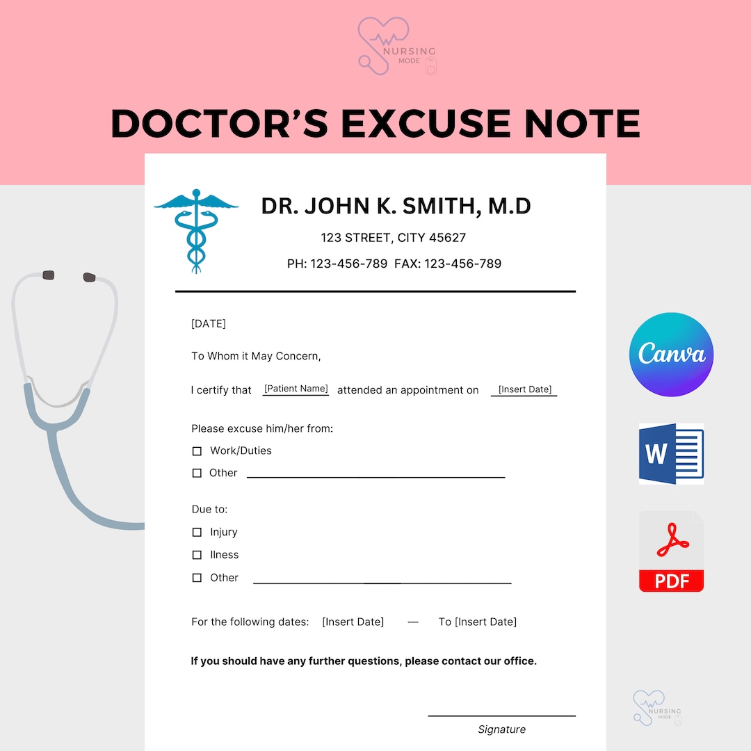 Fillable Doctors Excuse Note, Doctors Excuse Letter for Work School ...