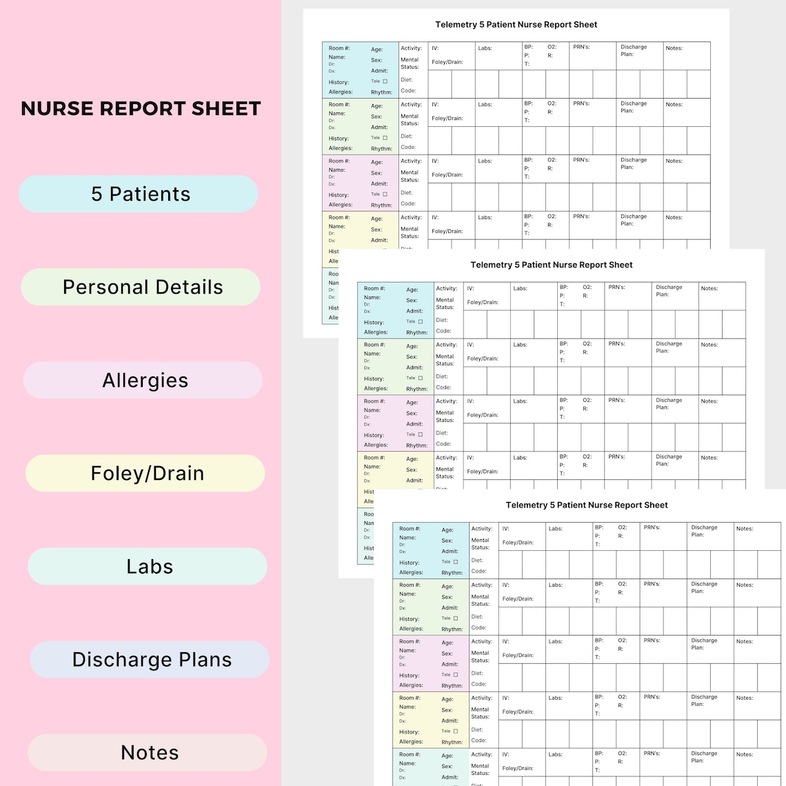 Telemetry Nurse Report Sheet | 5 Patient Handoff (digital Download) - Etsy