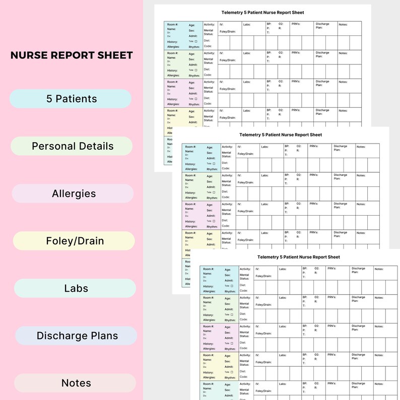 Nurse Report Sheet | Telemetry 5 Patient Nurse Report Sheet | Nurse ...