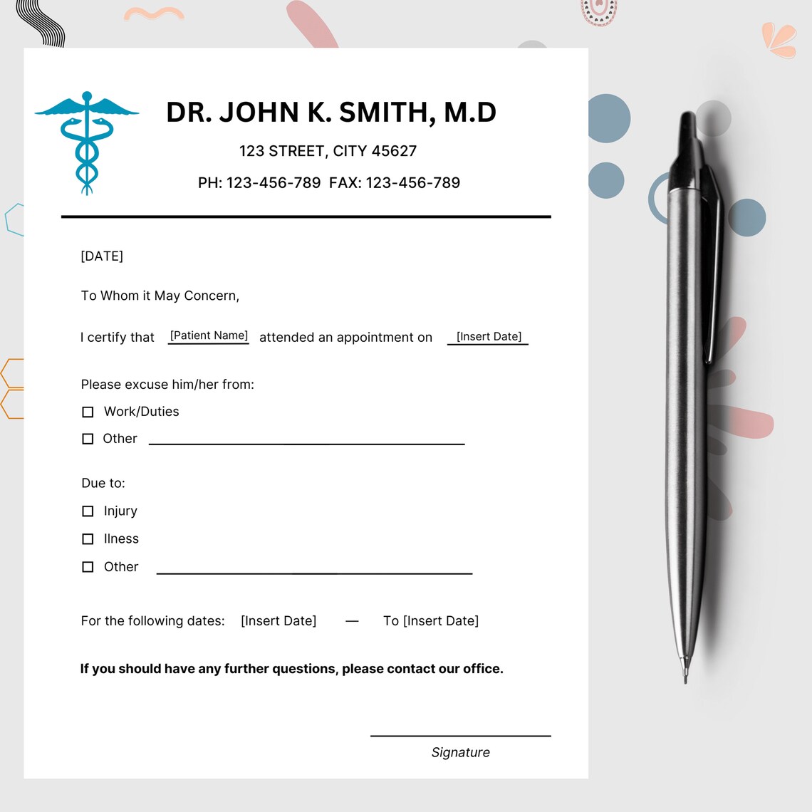 Fillable Doctors Excuse Note, Doctors Excuse Letter for Work School ...