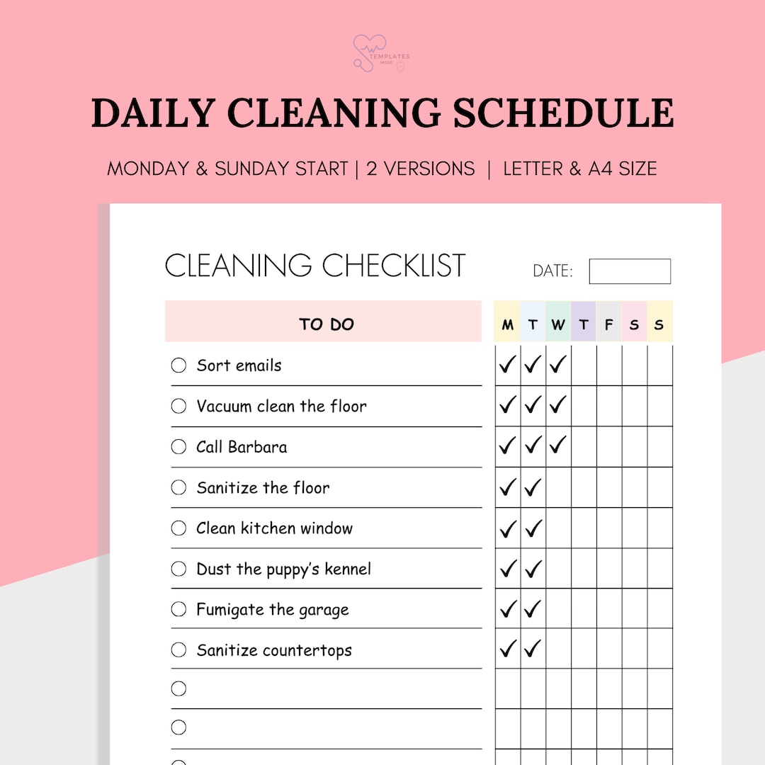 Daily Cleaning Schedule, Printable Weekly Cleaning Tracker, Cleaning Log for Home Cleaning ...