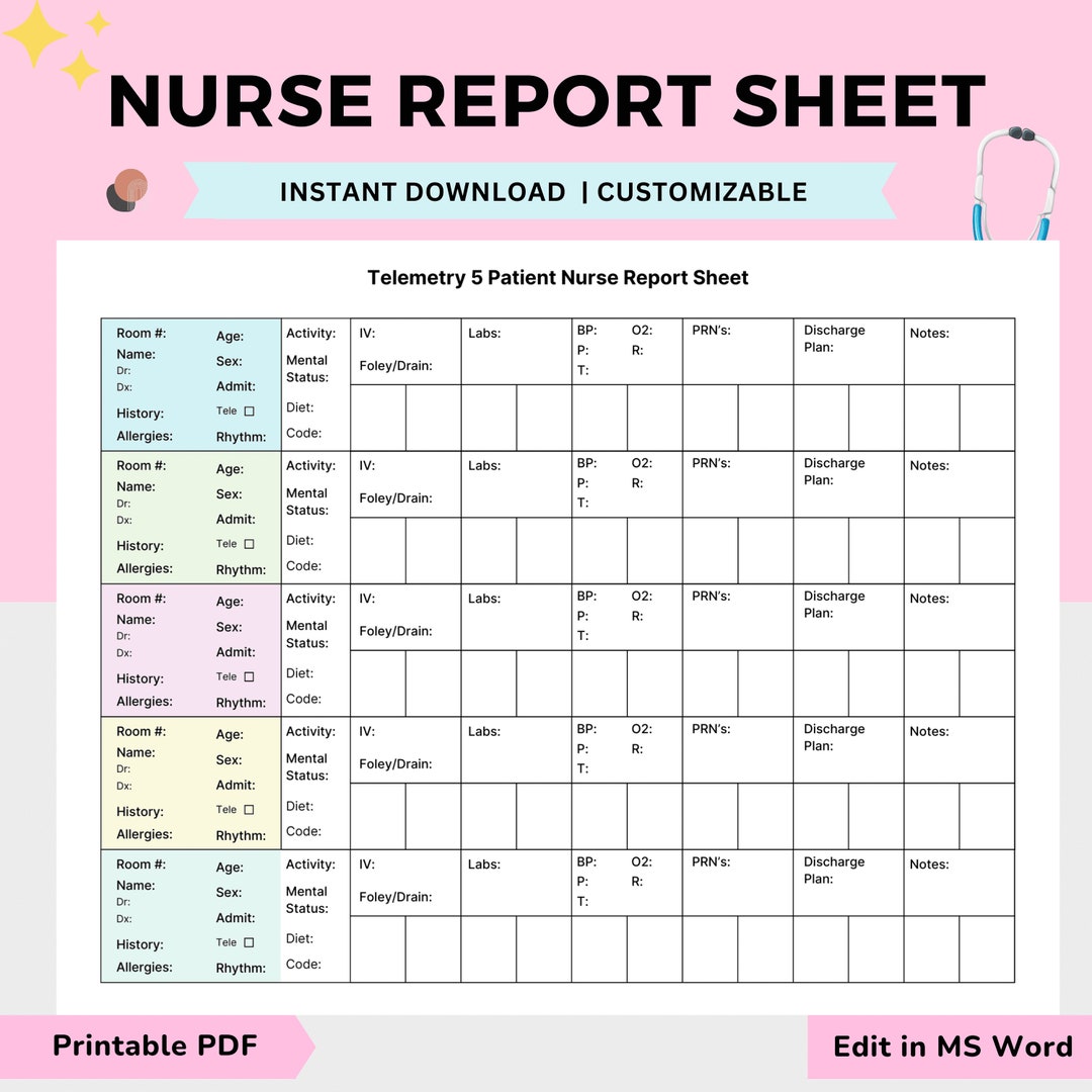Nurse Report Sheet Telemetry 5 Patient Nurse Report Sheet - Etsy