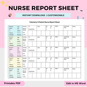 Nurse Report Sheet Telemetry 5 Patient Nurse Report Sheet - Etsy