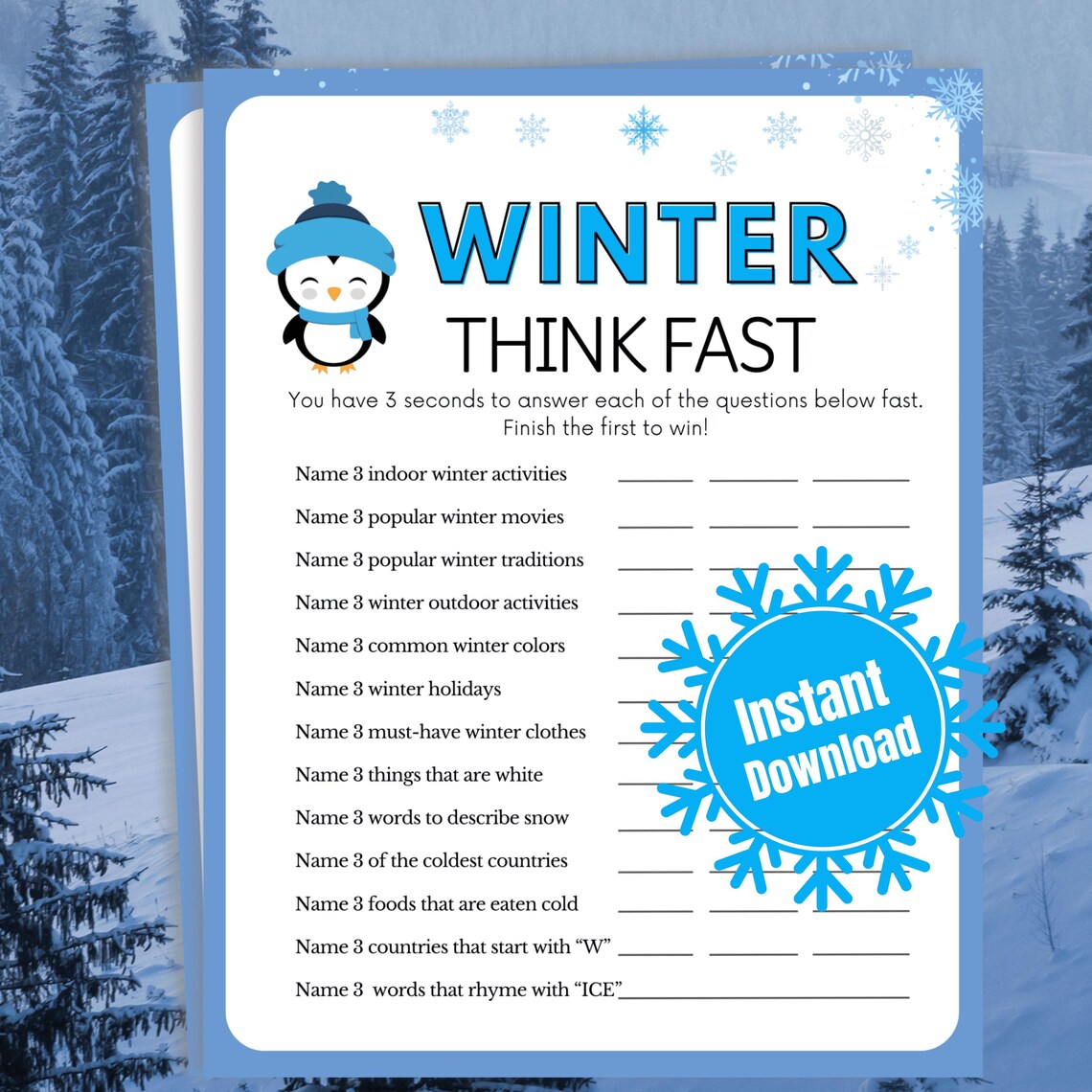 Winter Think Fast Game, Fun Winter Activity for Kids, Adults Winter ...