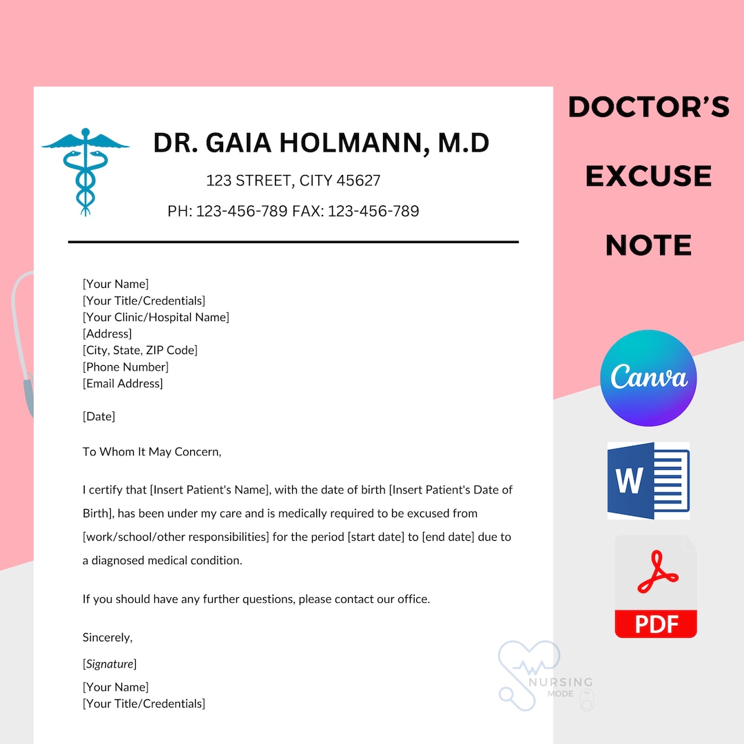 Editable Doctor's Excuse Letter Note, Medical Sick Leave Letter ...