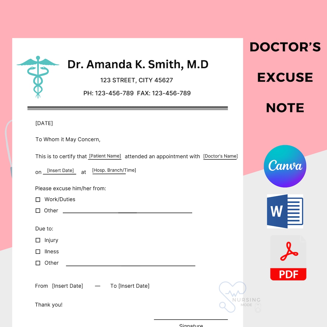 Editable Doctors Note, Medical Excuse Letter, Hospital Letter for Work ...