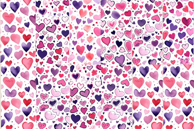 12 Pink Heart Pattern Digital Paper Pack, Seamless Repeat Printable ...