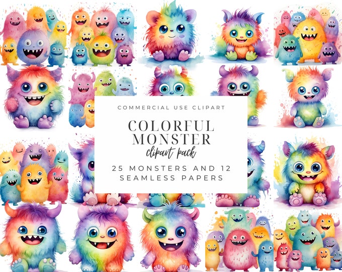 Watercolor Kawaii Monsters Clipart Bundle, Playful and Funny Character ...