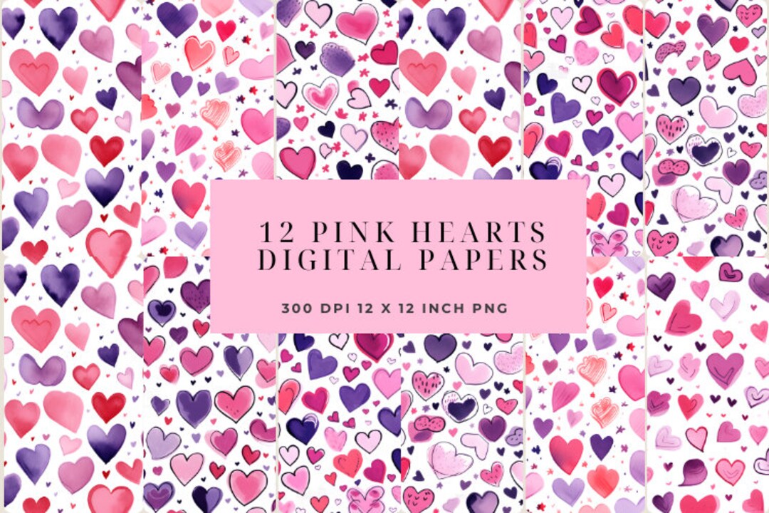 12 Pink Heart Pattern Digital Paper Pack, Seamless Repeat Printable ...