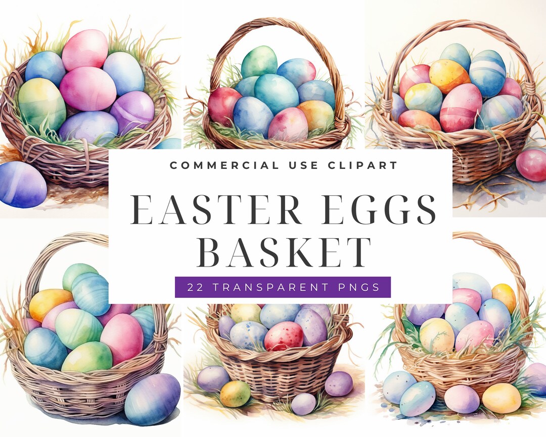 Easter Eggs in Basket Watercolor Clipart, Spring Clipart, Paster Color ...