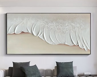 3D White Minimalist Beach Painting Textured Wall Art Ocean Wave Painting on Canvas Wabi-sabi ...