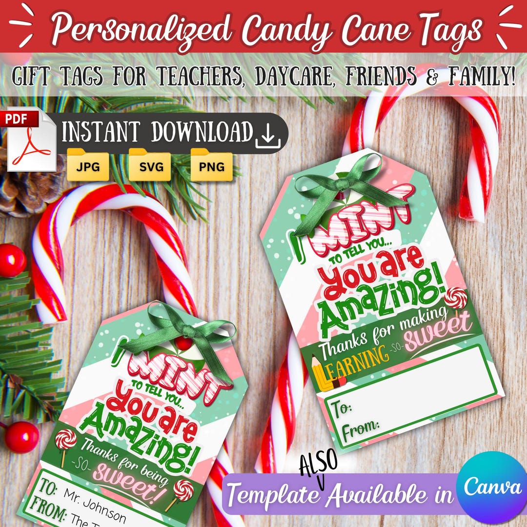 Candy Cane Gift Tags, Christmas Thank-you Gifts, Teacher & Friend Mint ...