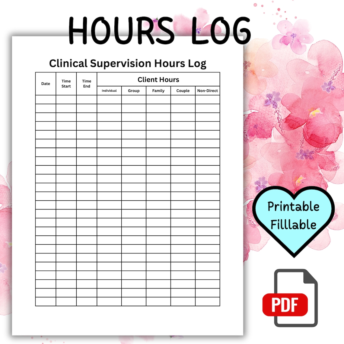 Clinical Supervision Tracking Form Clinical Hours Log Printable Fillable PDF Template Mental ...