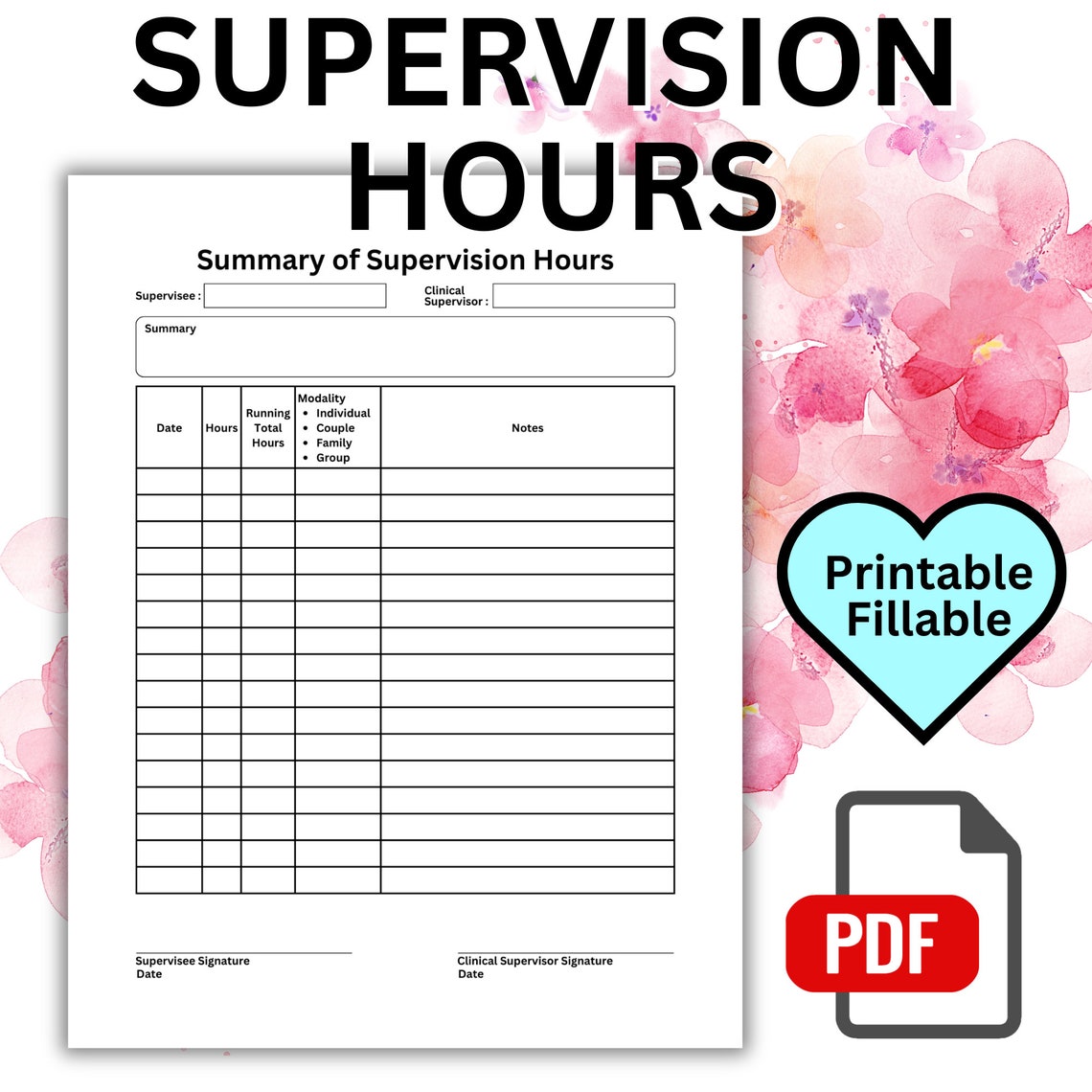 LCSW Hours Tracker Clinical Supervision Tracking Hour Log Notes PDF ...