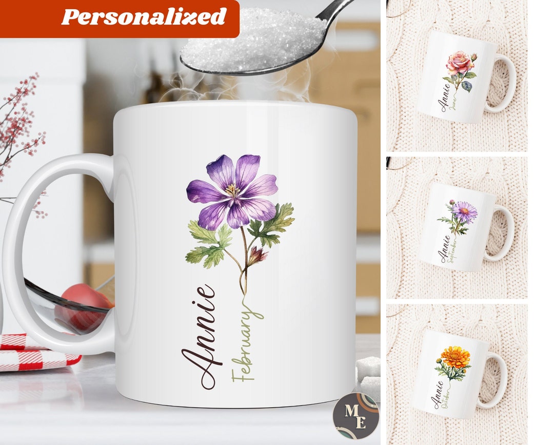 Personalized Birth Flower Mug, Christmas Gift, Custom Coffee Cup With ...