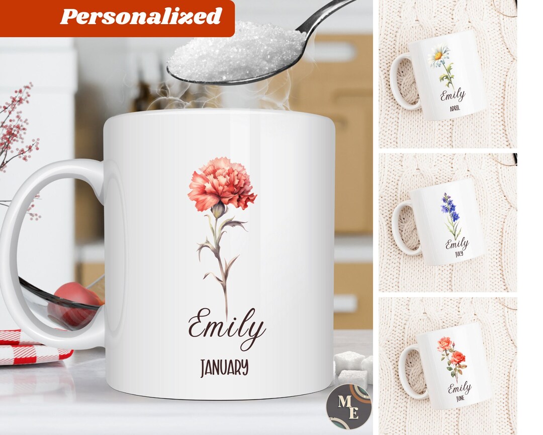 Personalized Birth Flower Mug, Christmas Gift, Custom Coffee Cup With ...