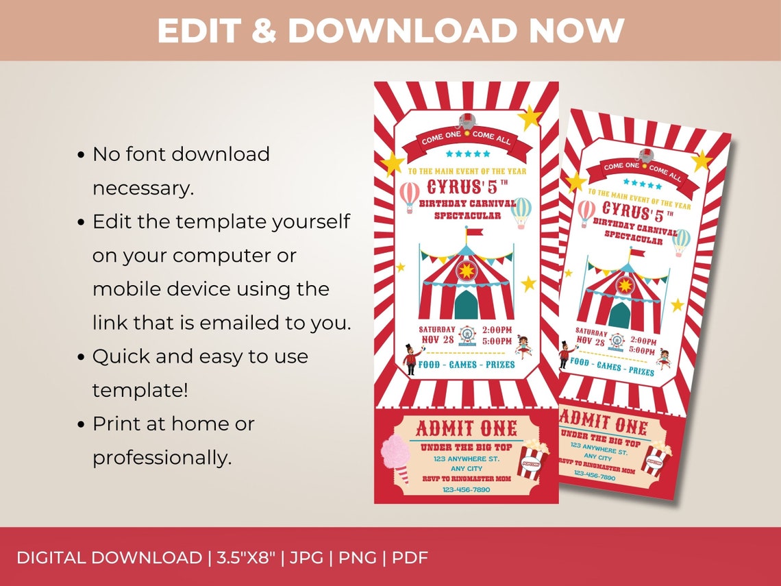 EDITABLE Carnival Circus Ticket Invitation Birthday Party Instant ...