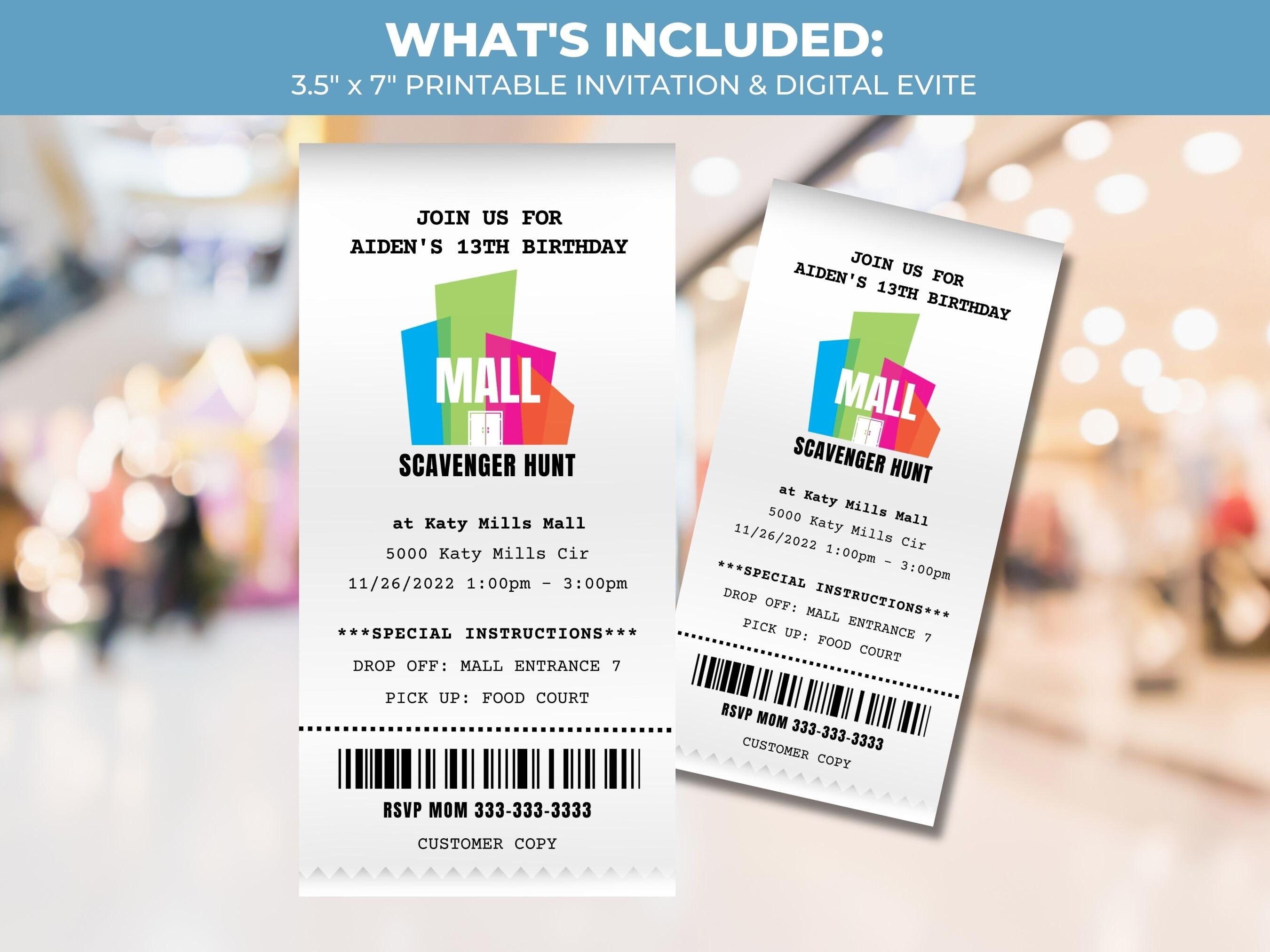 EDITABLE Mall Scavenger Hunt Receipt Invitation, Boy Girl Teen Birthday ...