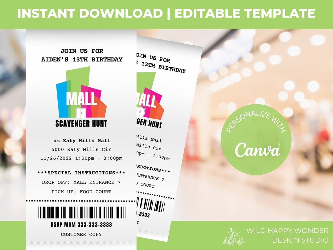 EDITABLE Mall Scavenger Hunt Receipt Invitation Boy Girl Birthday Party ...
