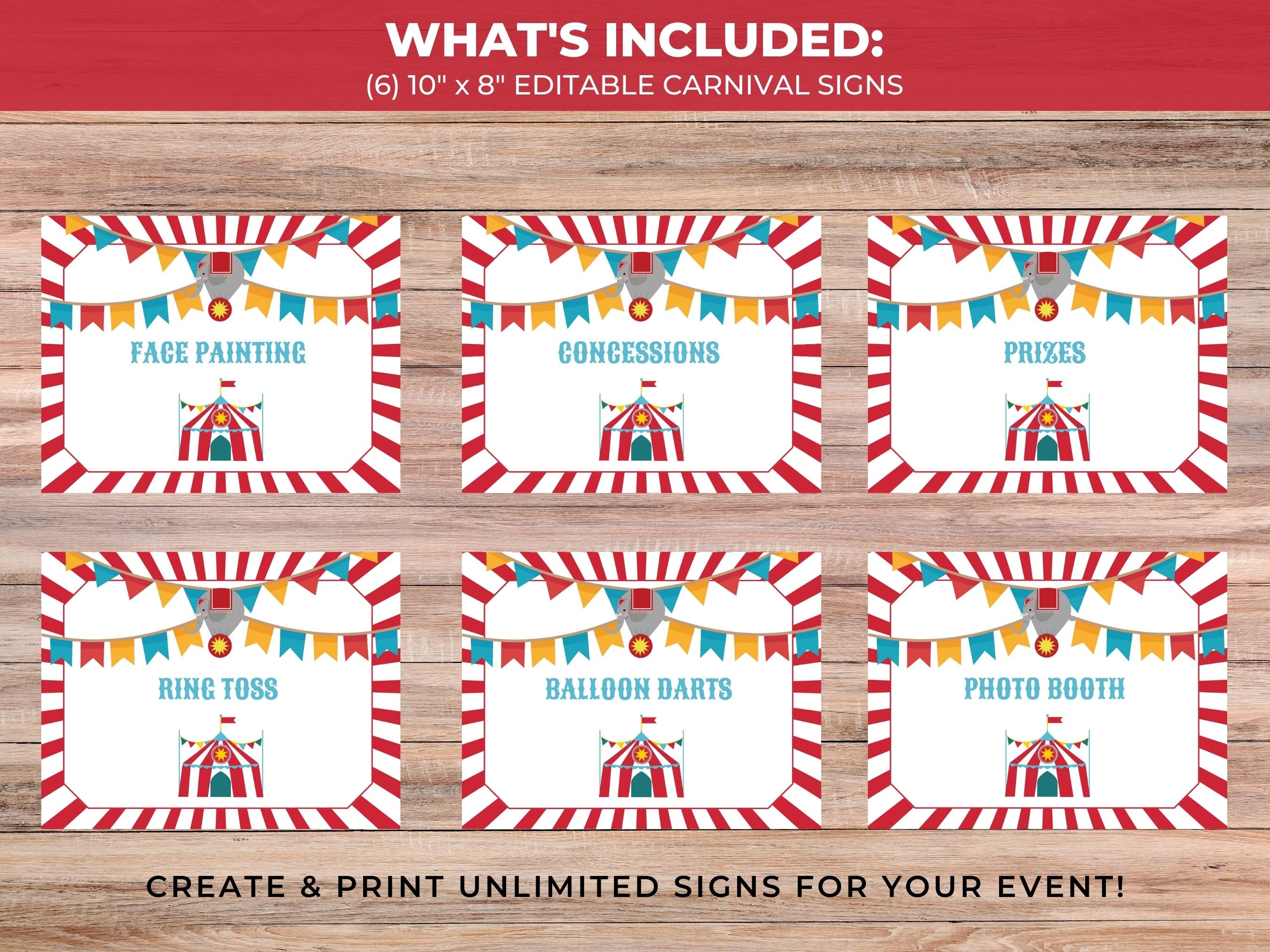 EDITABLE Carnival Games Sign, Circus Party Table Signs, Circus Big Top ...