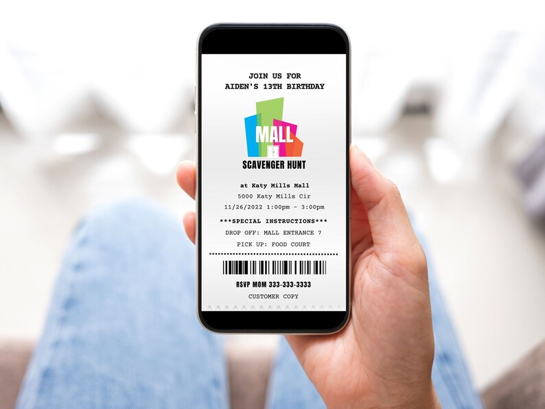 EDITABLE Mall Scavenger Hunt Receipt Invitation, Boy Girl Teen Birthday ...