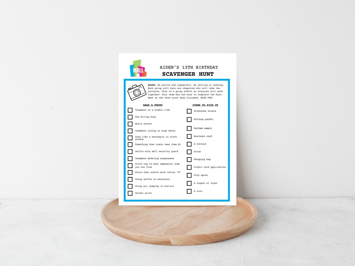 EDITABLE Mall Scavenger Hunt List, Teen Scavenger Hunt, Thirteen Mall ...